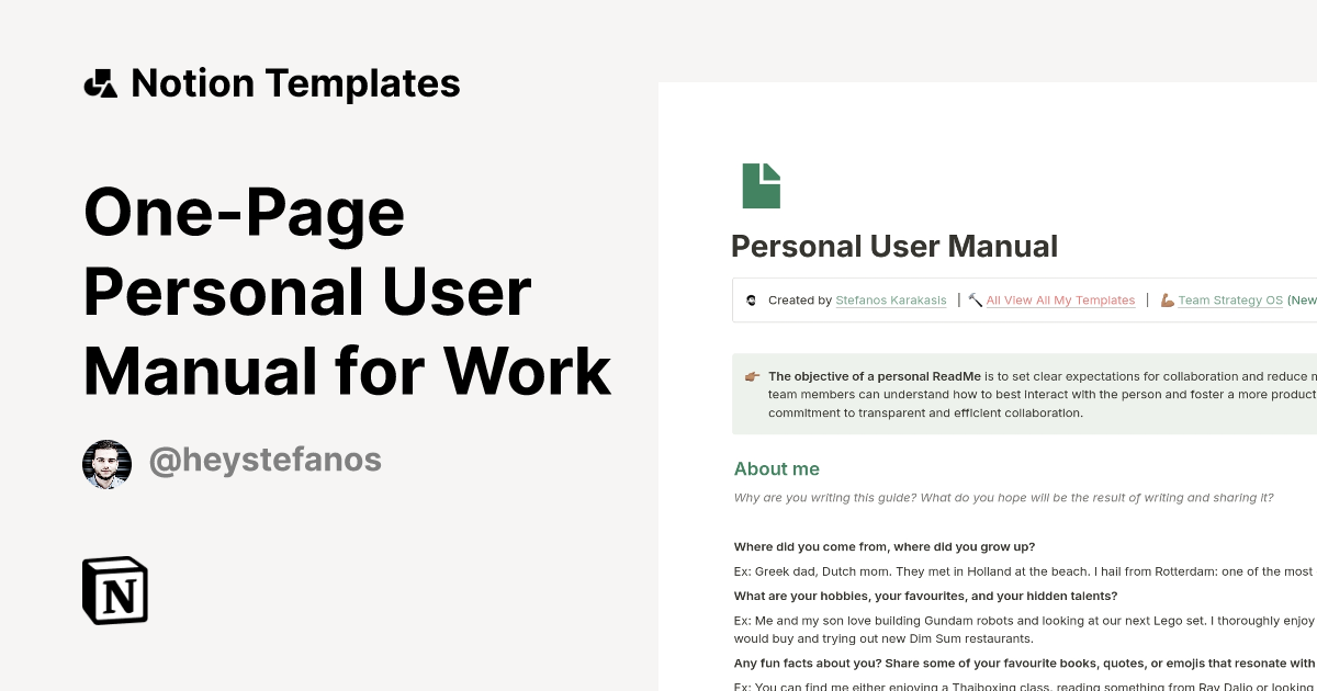 One-Page Personal User Manual for Work Template by Stefanos Karakasis | Notion Marketplace