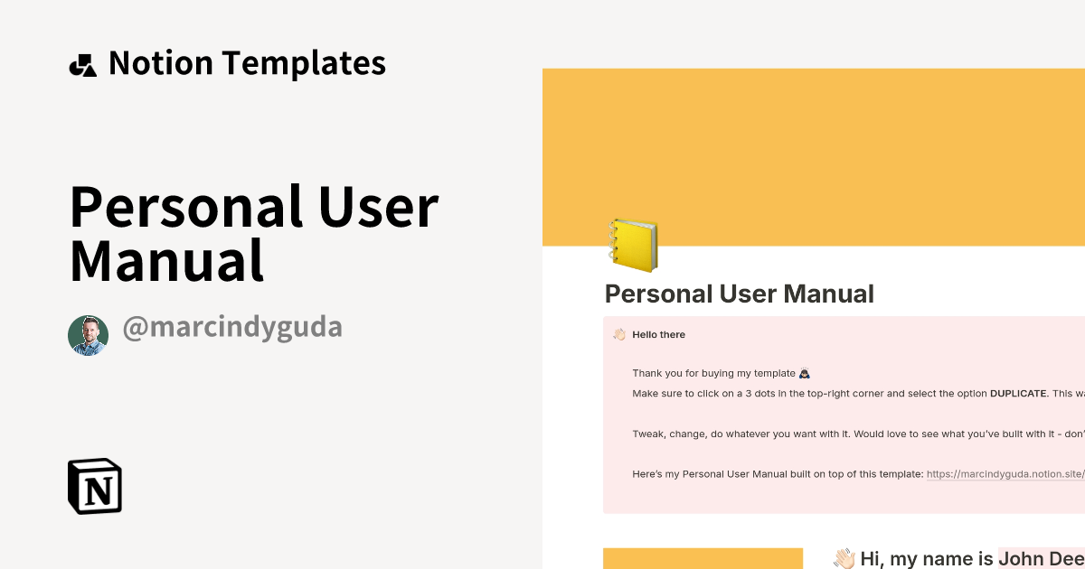 Personal User Manual Template by Marcin Dyguda | Notion Marketplace