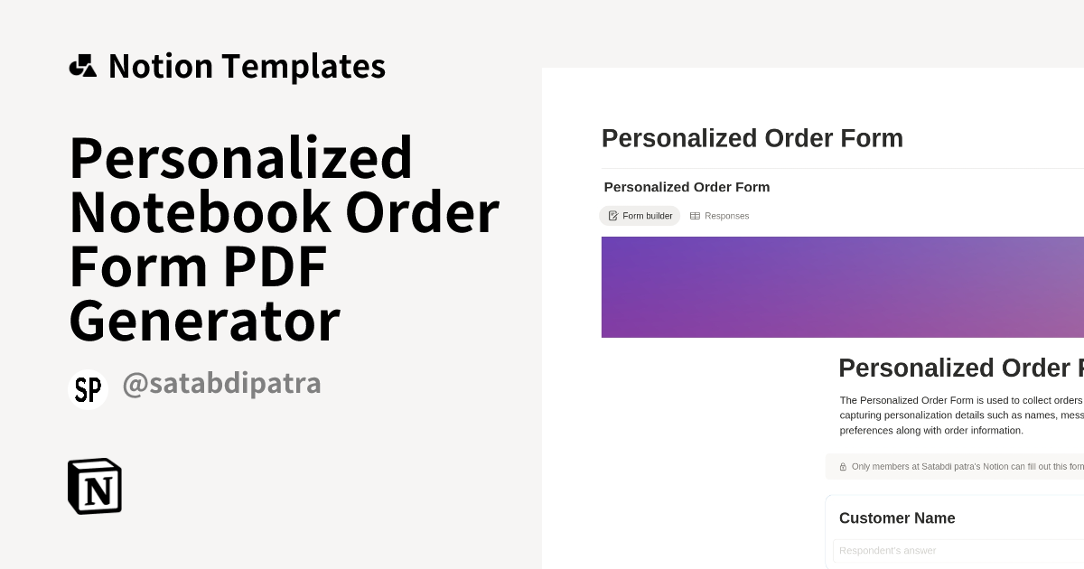 Personalized Notebook Order Form PDF Generator Template by Satabdi ...
