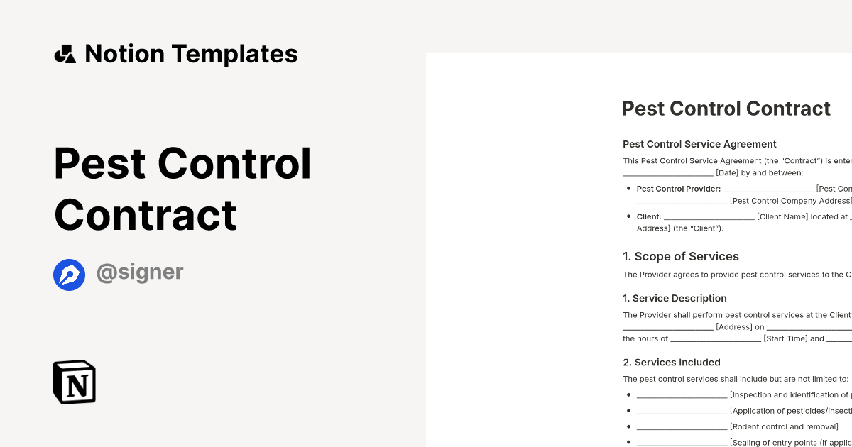 Pest Control Contract Template by Signer HQ | Notion Marketplace
