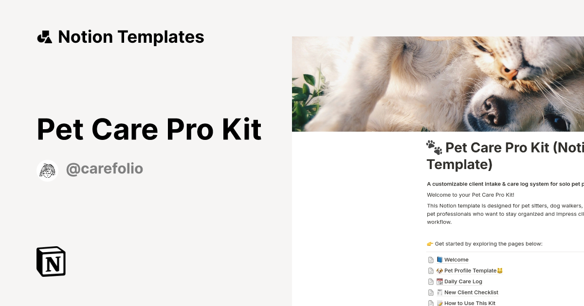 Pet Care Pro Kit Template by Carefolio | Notion Marketplace