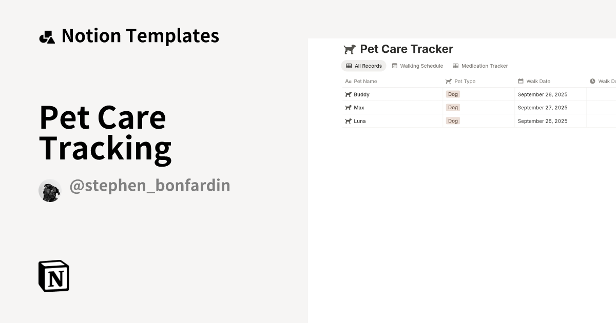Pet Care Tracking Template by Stephen Bonfardin | Notion Marketplace