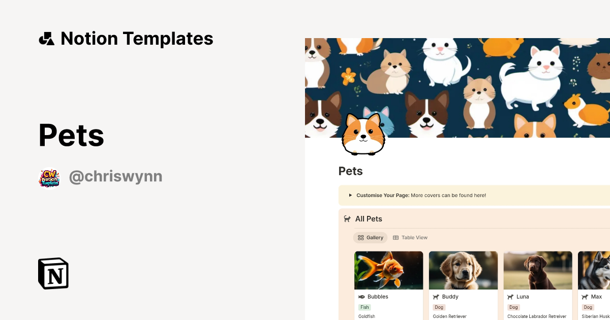Pets Template by Chris Wynn | Notion Marketplace