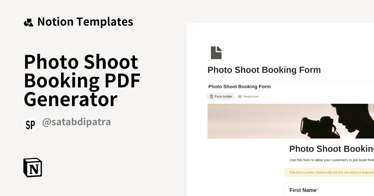 Photo Shoot Booking PDF Generator Template | Notion Marketplace