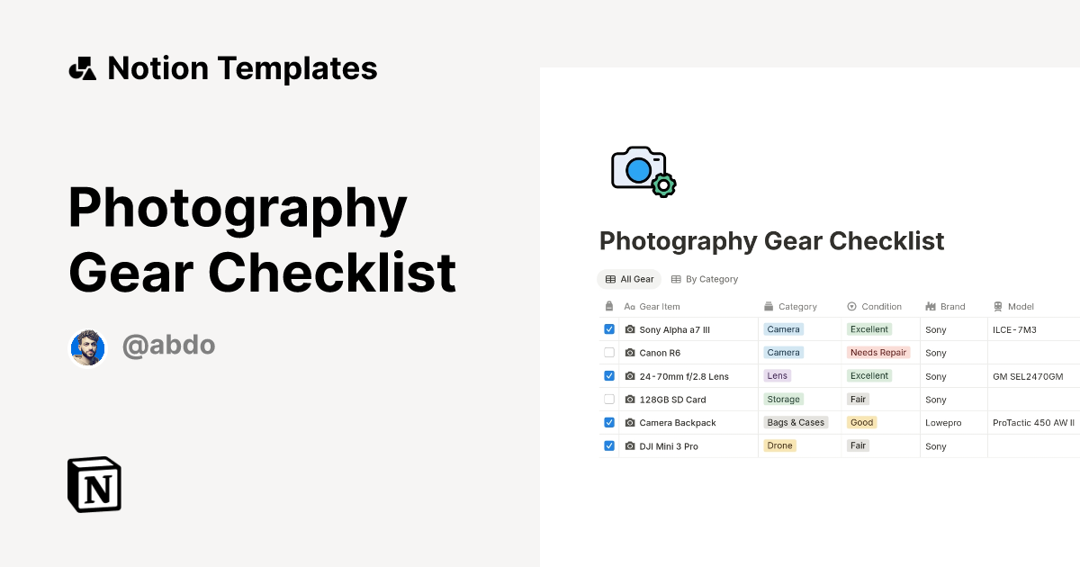Photography Gear Checklist Template | Notion Marketplace