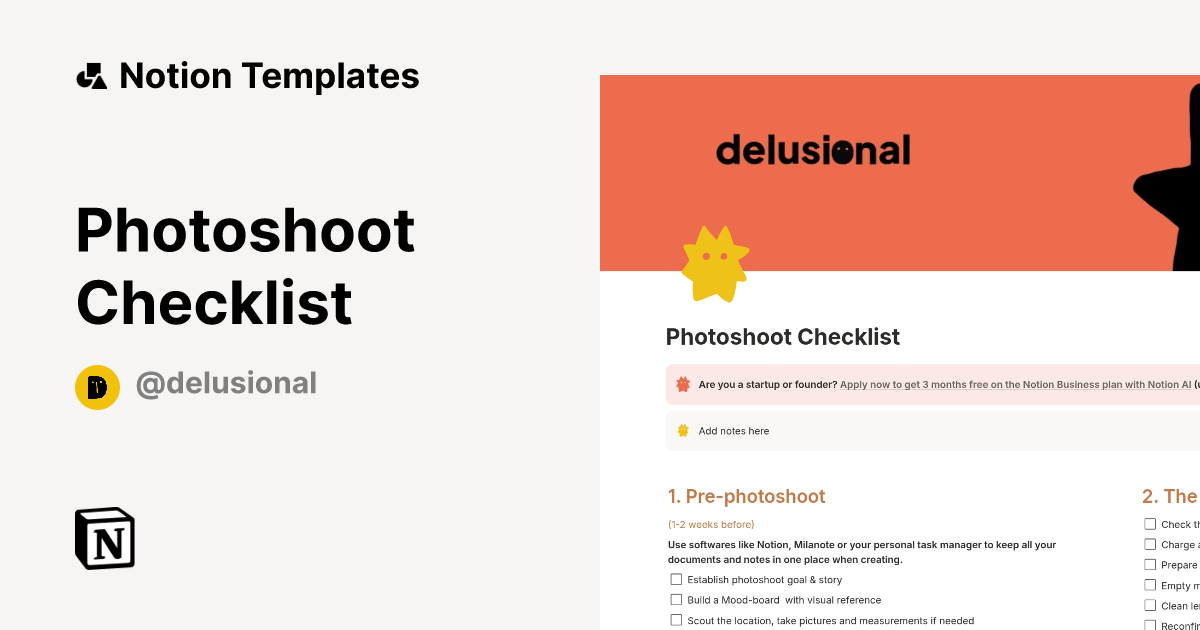 Photoshoot Checklist Template by Delusional | Notion Marketplace
