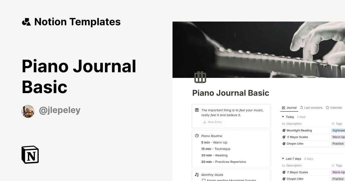 Piano Journal Basic Template by Joako | Notion Marketplace