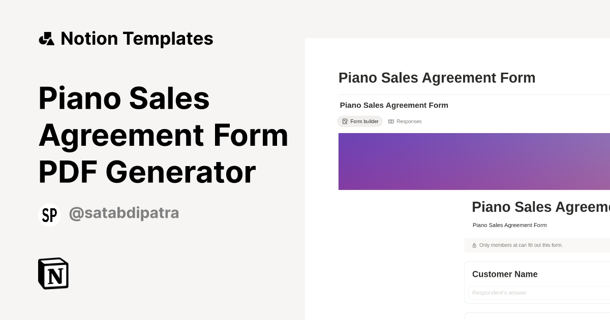 Piano Sales Agreement Form PDF Generator Template | Notion Marketplace