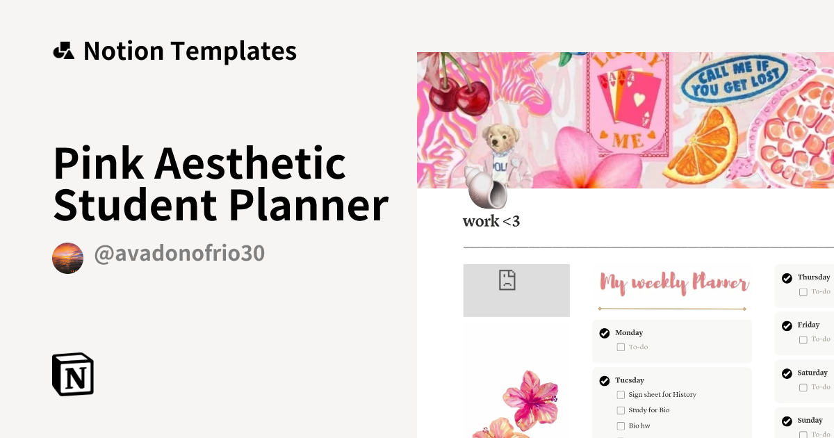 Pink Aesthetic Student Planner Template by Ava D'Onofrio | Notion ...
