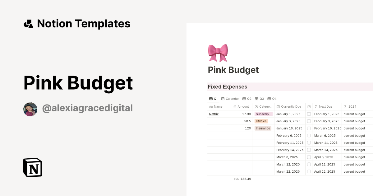 Pink Budget Template by Alexia Grace | Notion Marketplace