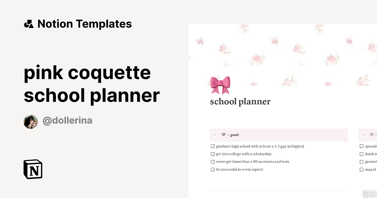 pink coquette school planner Template | Notion Marketplace