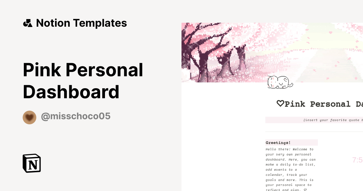 Pink Personal Dashboard Template | Notion Marketplace