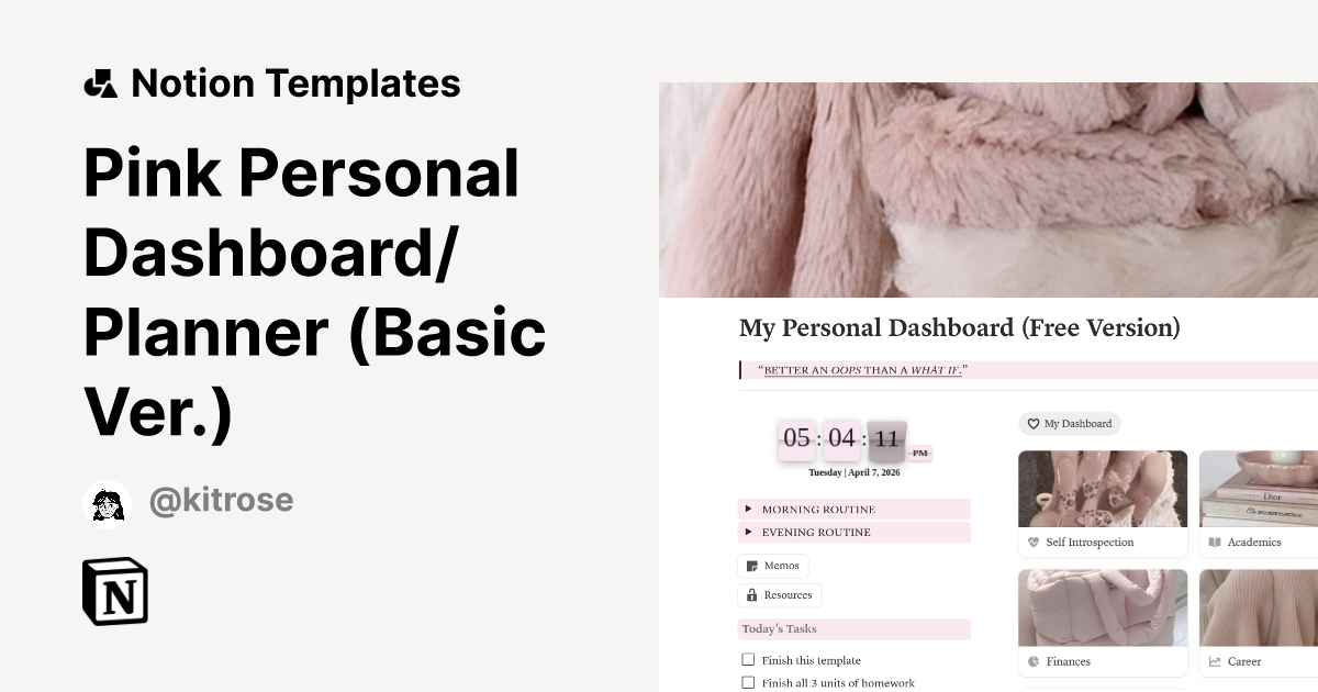 Pink Personal Dashboard/Planner (Basic Ver.) Template | Notion Marketplace