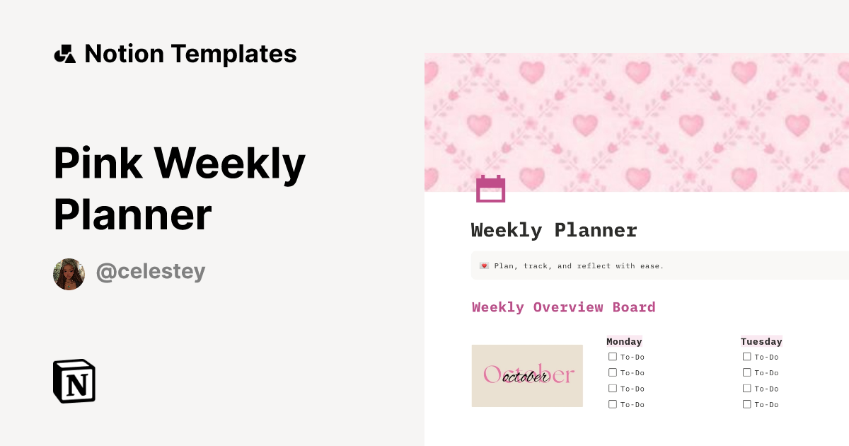 Pink Weekly Planner Template by Celeste Amara | Notion Marketplace