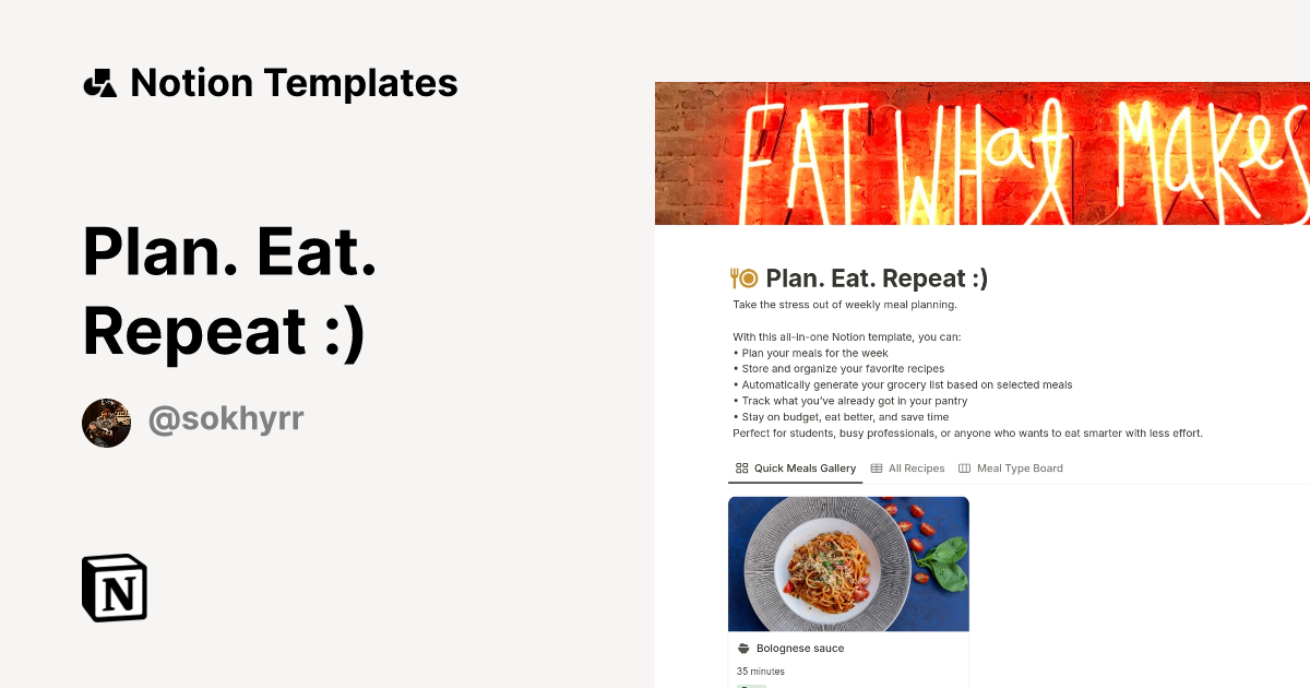 Plan. Eat. Repeat :) Template by Sokhyrr | Notion Marketplace
