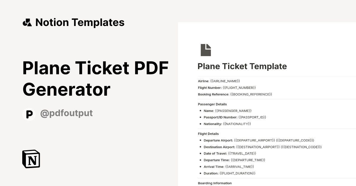 Plane Ticket PDF Generator Template | Notion Marketplace