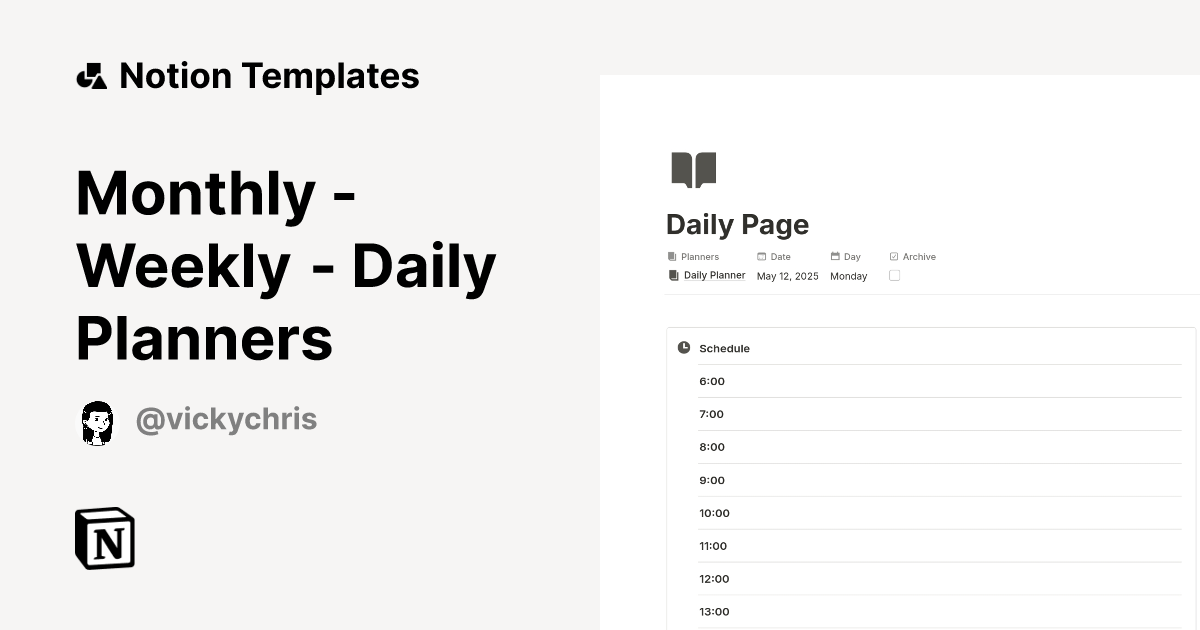 Monthly - Weekly - Daily Planners Template by Vicky Chris | Notion Marketplace