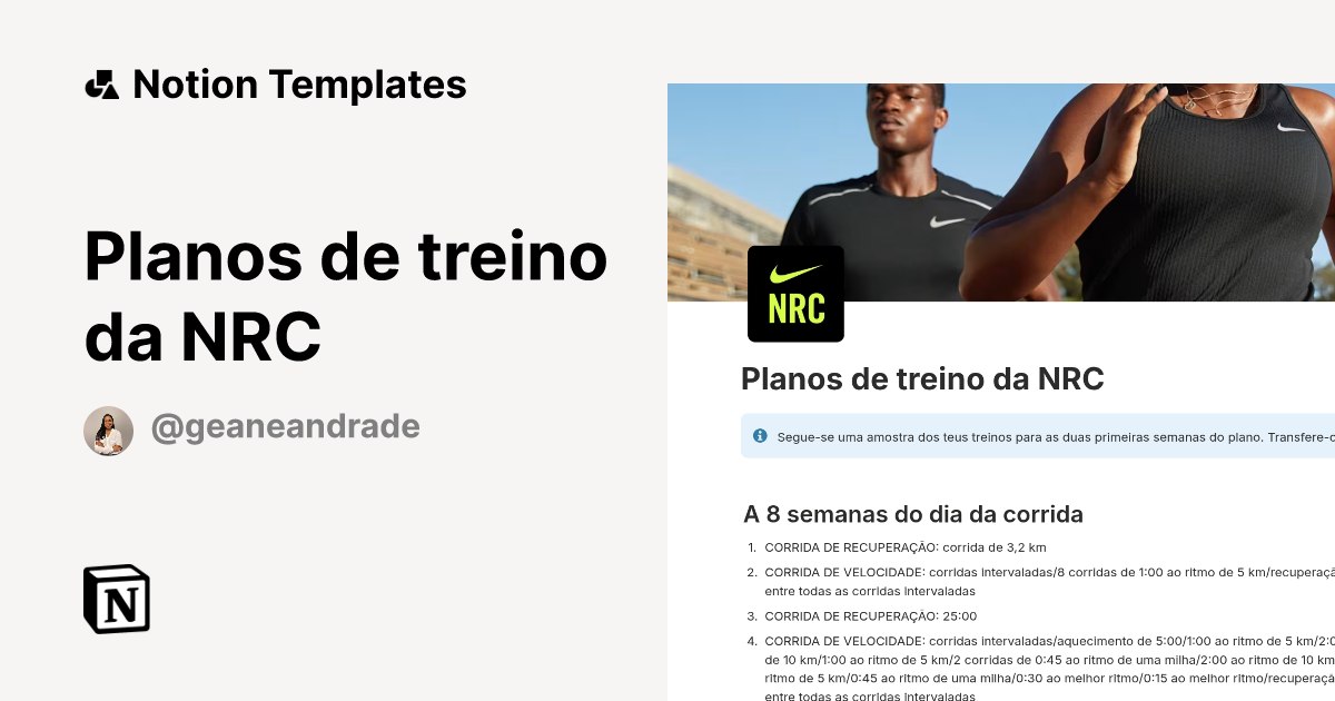 Planos de treino da NRC Template by Geane Andrade | Notion Marketplace