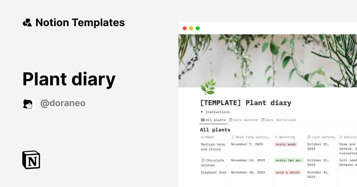 Plant diary Template by Doraneo | Notion Marketplace
