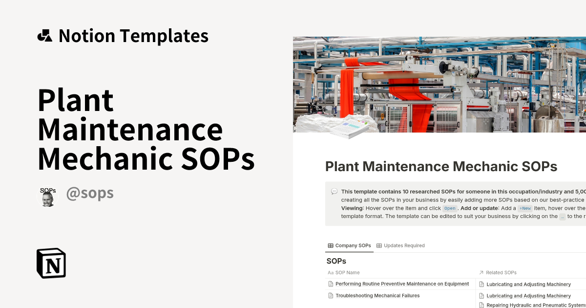Plant Maintenance Mechanic SOPs Template by SOPs | Notion Marketplace