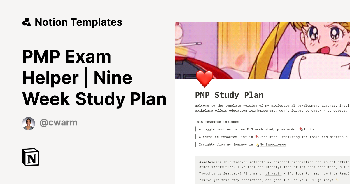 PMP Exam Helper | Nine Week Study Plan Template by Christina Warmbrunn | Notion Marketplace