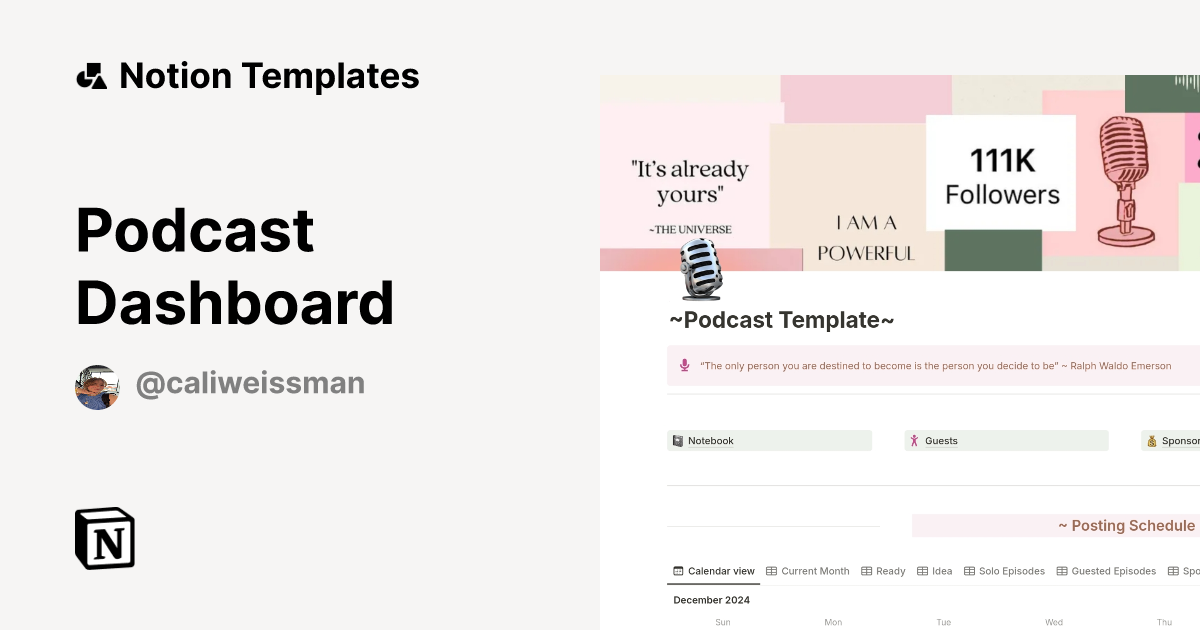 Podcast Dashboard Template by Cali Weissman | Notion Marketplace