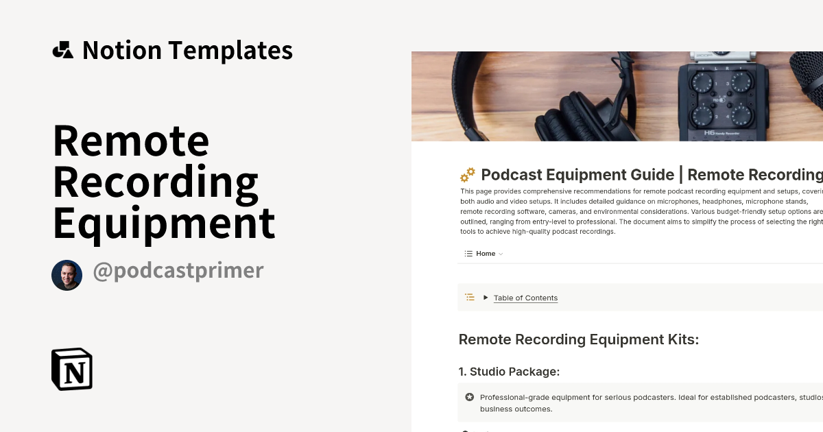 Remote Recording Equipment Template by Jacob Bozarth | Notion Marketplace