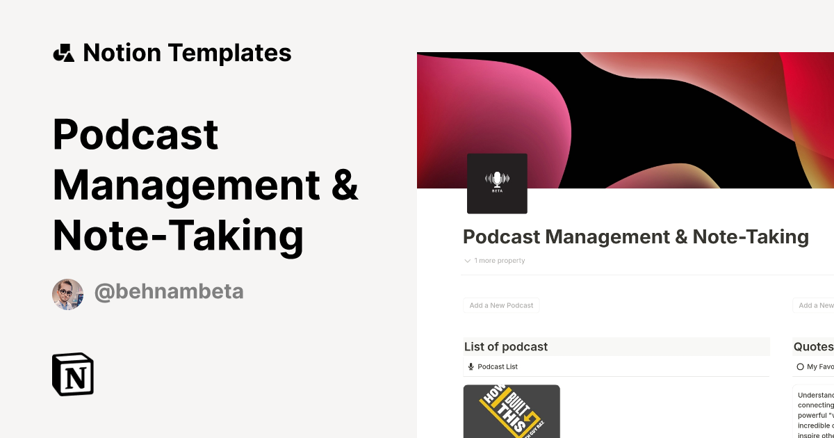 Podcast Management & Note-Taking Template by Study with Beta | Notion ...
