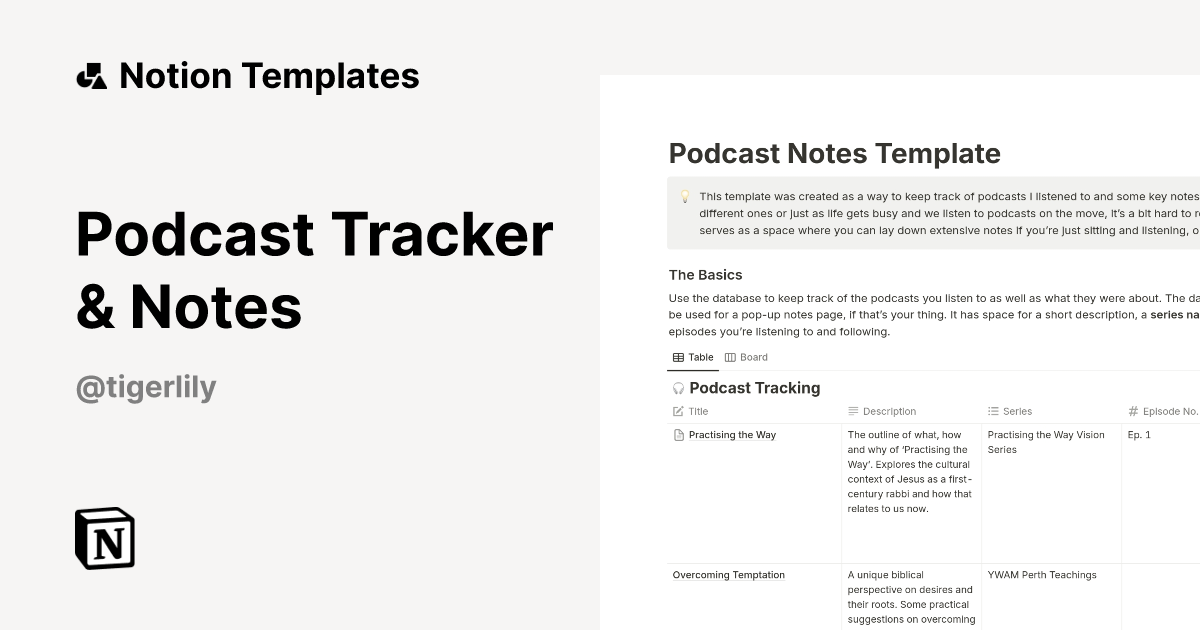 Podcast Tracker & Notes Template by Tiger Lily | Notion Marketplace