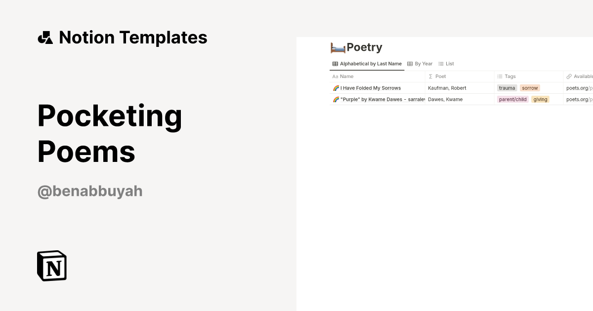 Pocketing Poems Template by Elisha ben Abbuyah | Notion Marketplace
