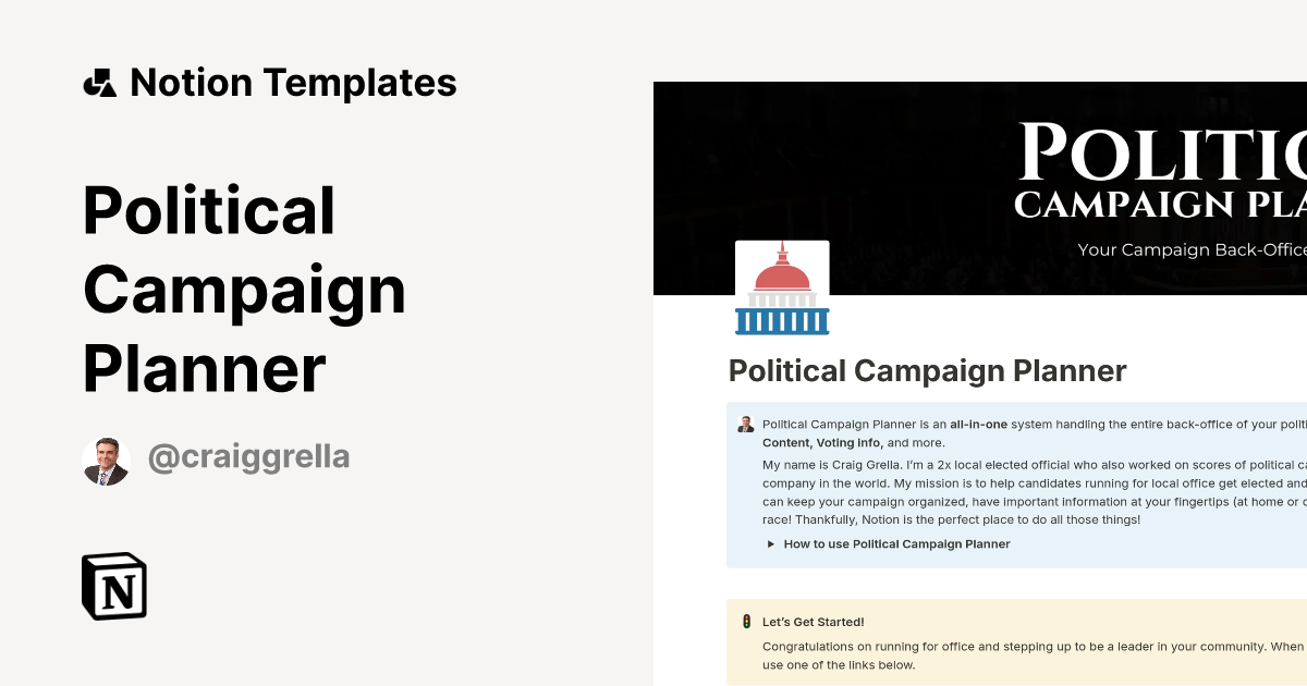 Political Campaign Planner Template by Craig Grella | Notion Marketplace