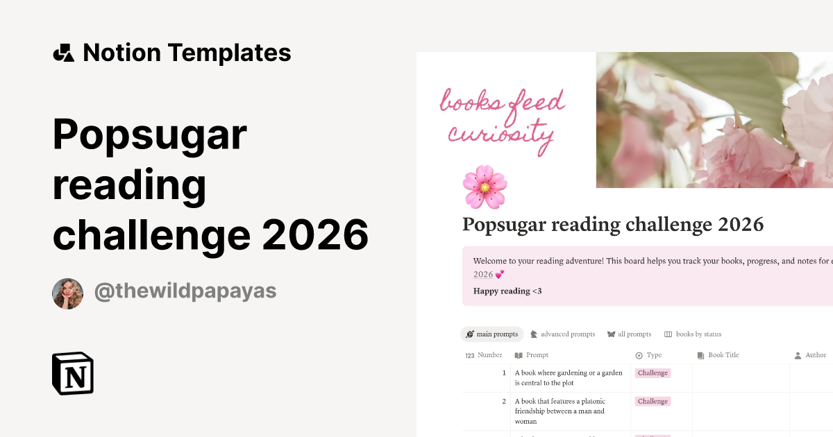 Popsugar reading challenge 2026 Template by Jasmin | Notion Marketplace
