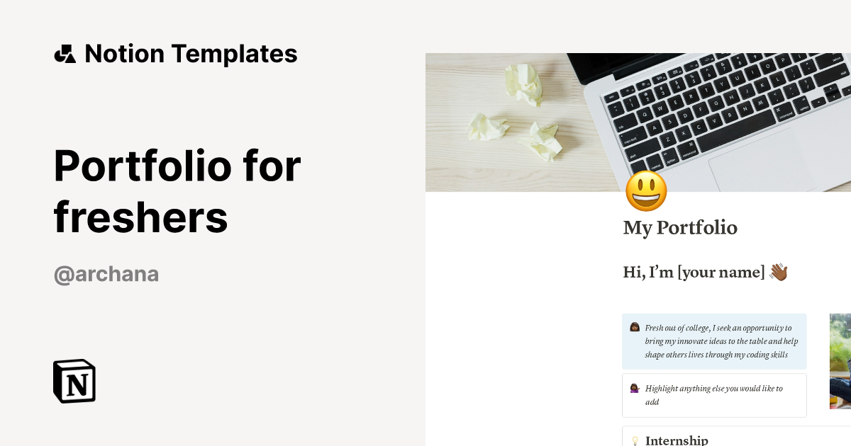 Portfolio for freshers Template by Archana | Notion Marketplace