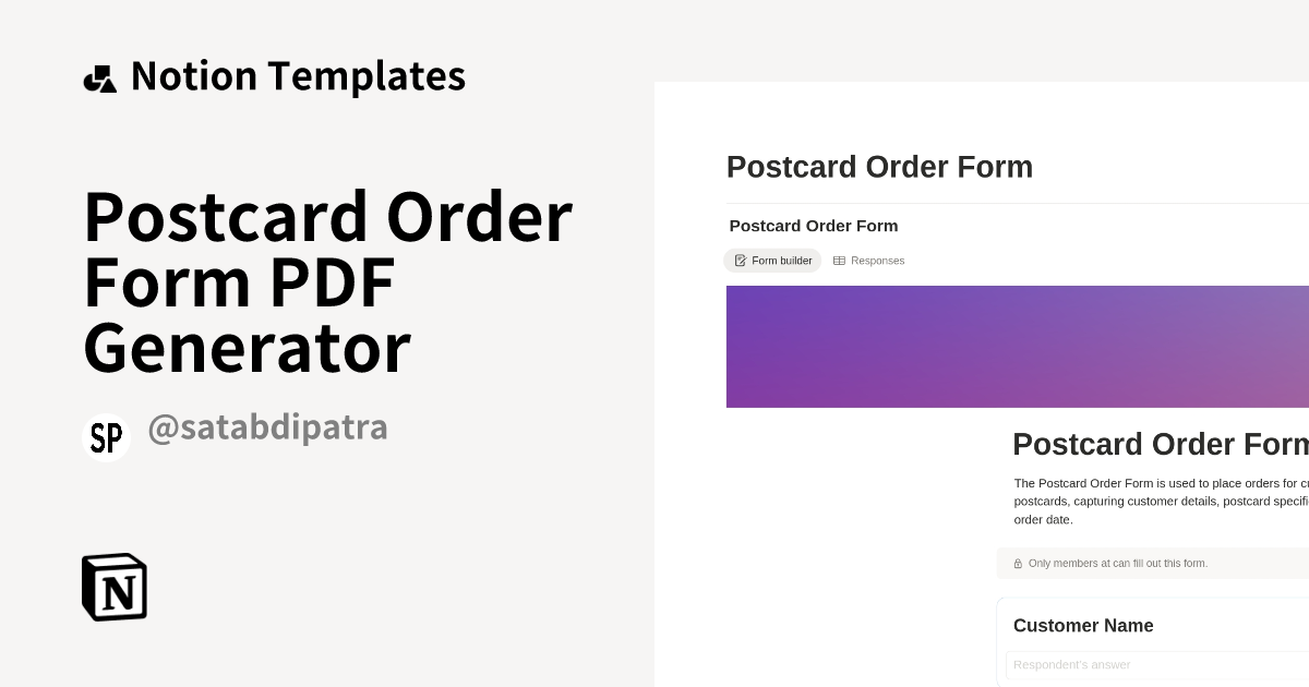 Postcard Order Form PDF Generator Template | Notion Marketplace