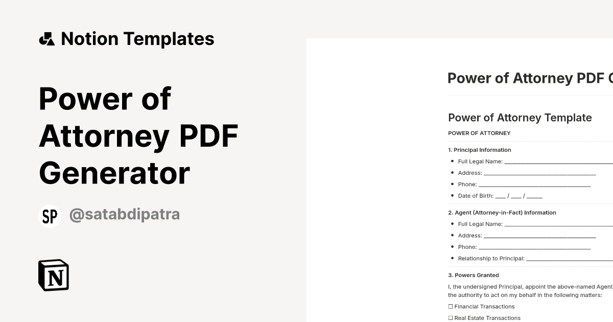 Power of Attorney PDF Generator Template | Notion Marketplace