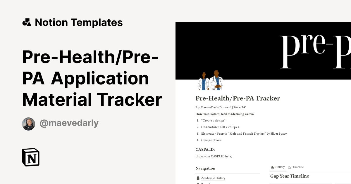 Pre-Health/Pre-PA Application Material Tracker Template | Notion ...