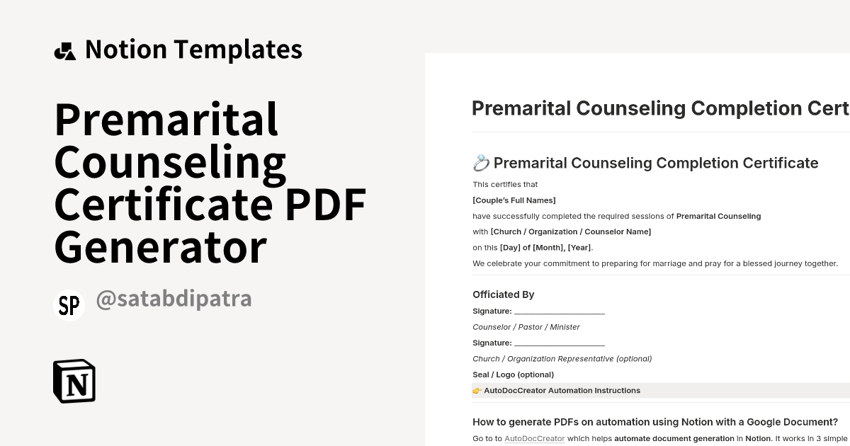 Premarital Counseling Certificate PDF Generator Template by Satabdi ...
