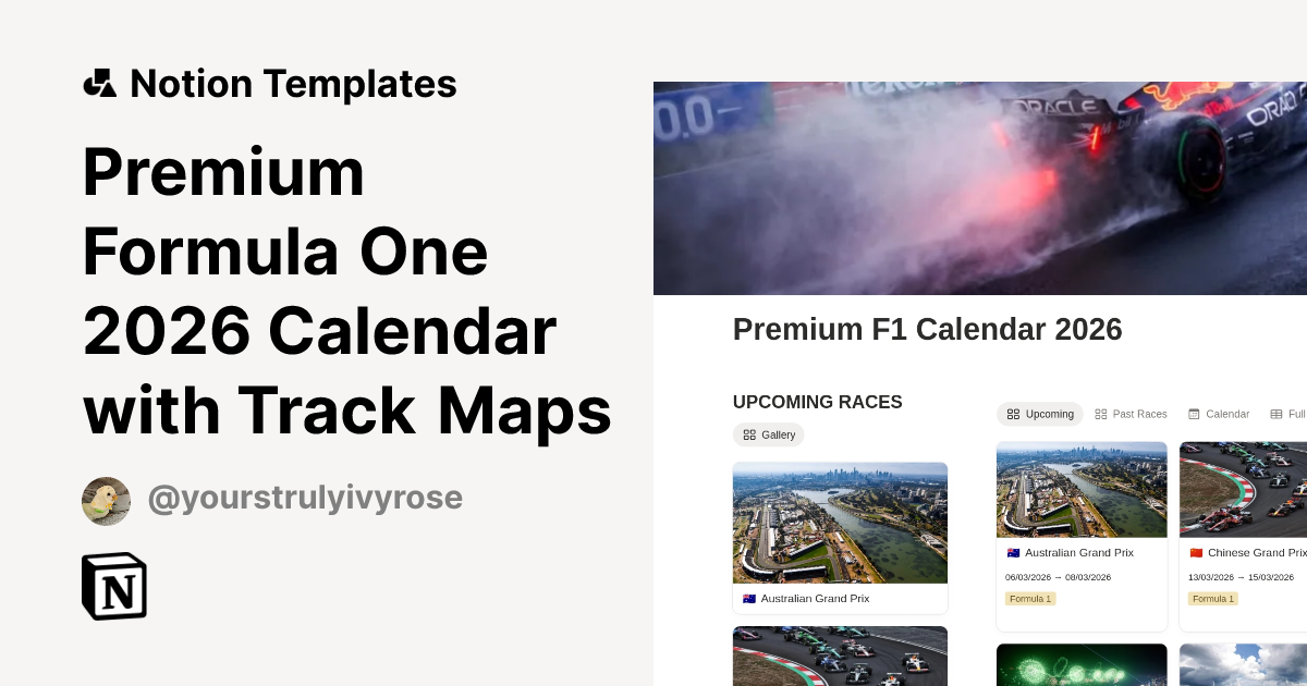Premium Formula One 2026 Calendar with Track Maps Template | Notion ...