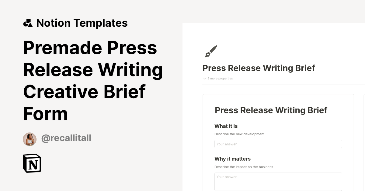 Premade Press Release Writing Creative Brief Form Template | Notion ...