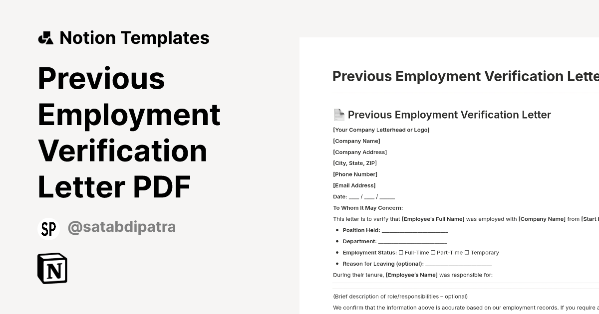 Previous Employment Verification Letter PDF Template | Notion Marketplace