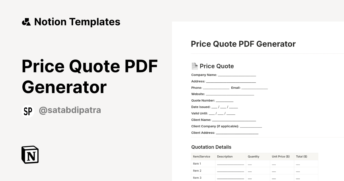 Price Quote PDF Generator Template by Satabdi Patra | Notion Marketplace