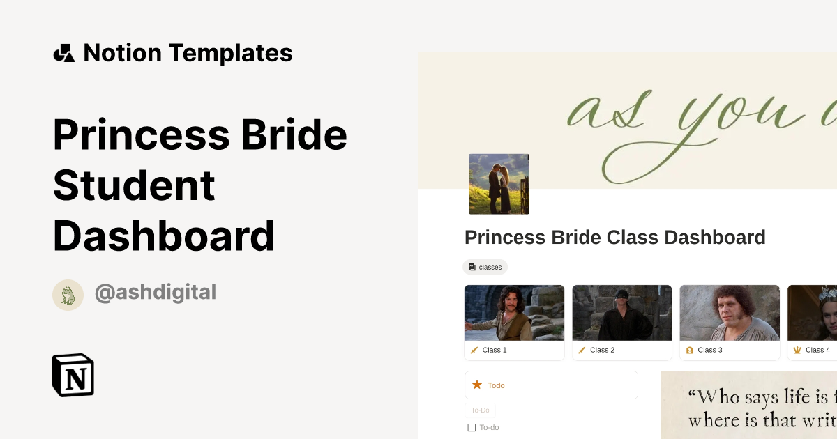 Princess Bride Student Dashboard Template | Notion Marketplace
