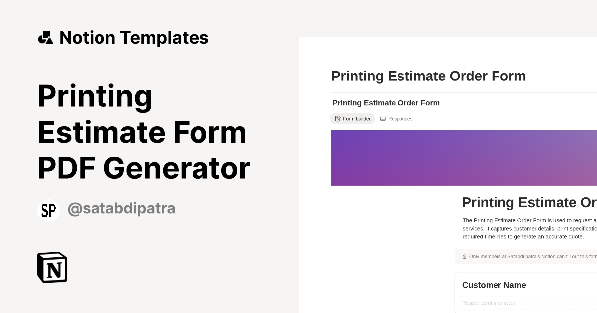 Printing Estimate Form PDF Generator Template by Satabdi Patra | Notion ...