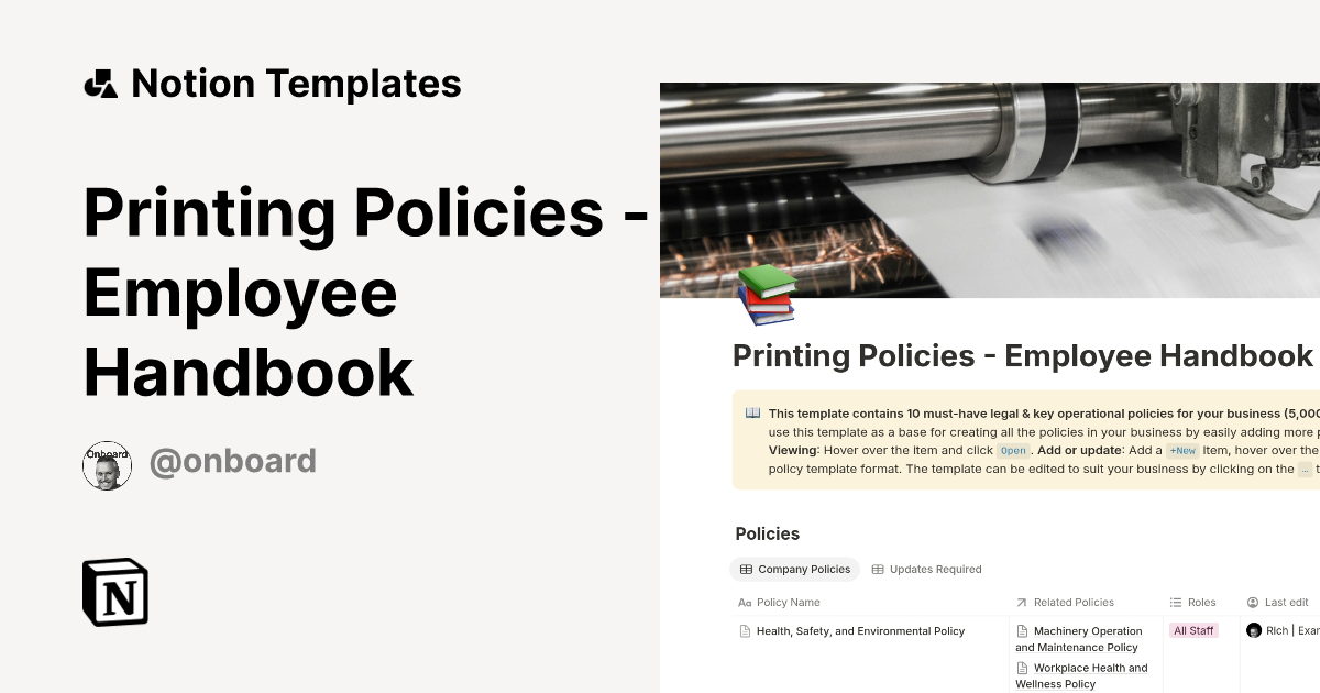 Printing Policies - Employee Handbook Template by Onboarding Checklists ...