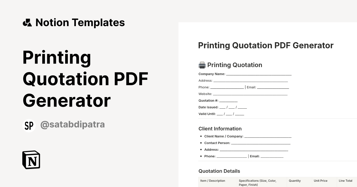 Printing Quotation PDF Generator Template by Satabdi Patra | Notion ...