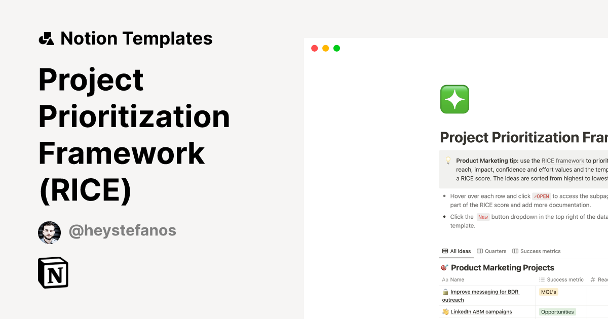 Project Prioritization Framework Rice Template Notion Marketplace