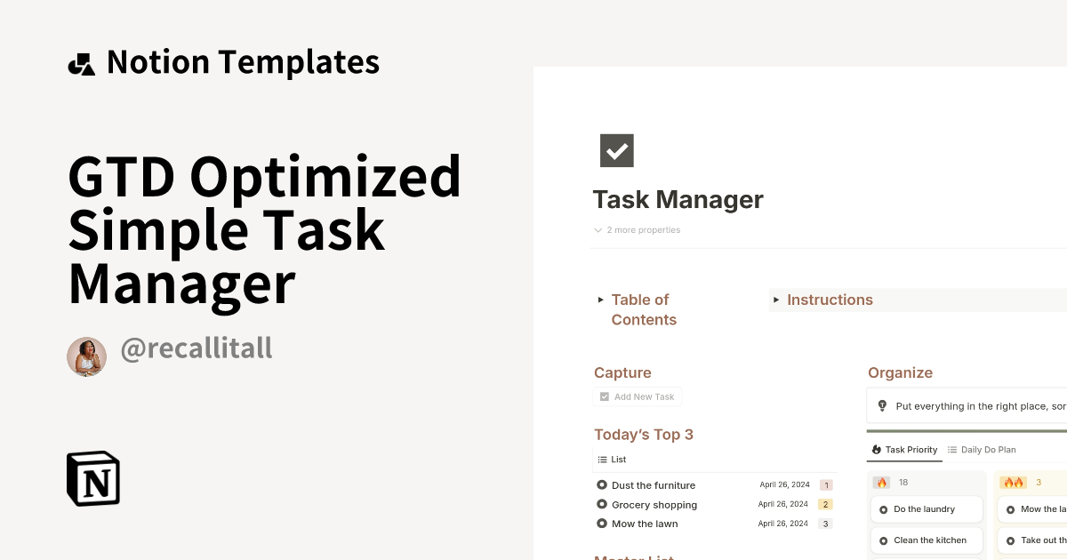 GTD Optimized Simple Task Manager Template | Notion Marketplace