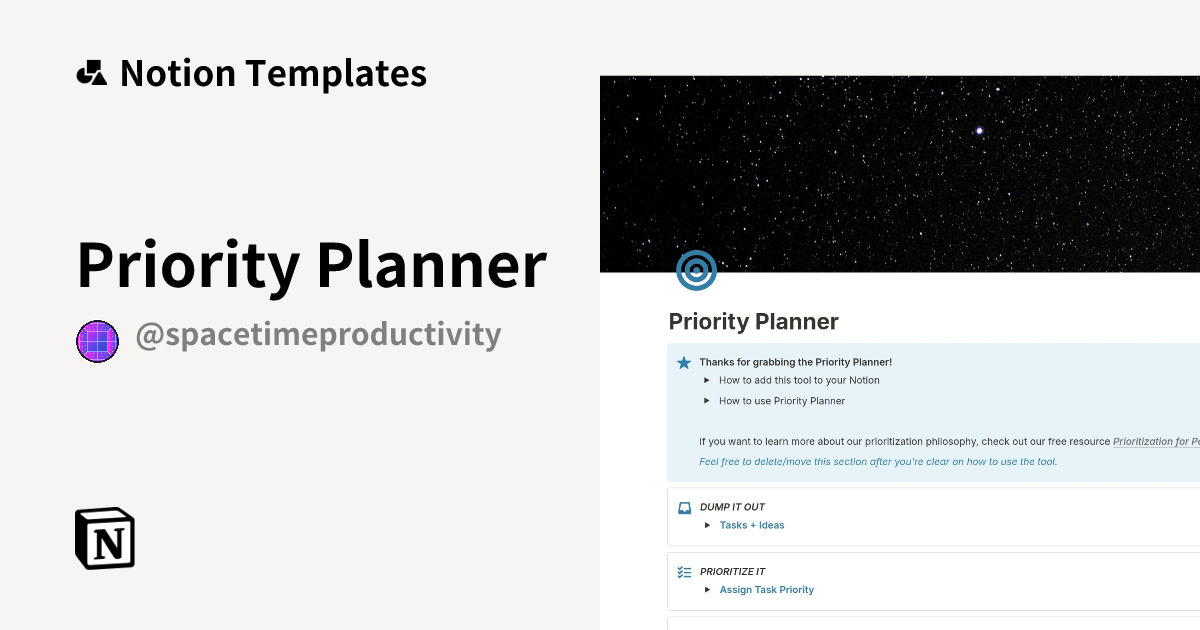 Priority Planner Template by Spacetime Productivity | Notion Marketplace