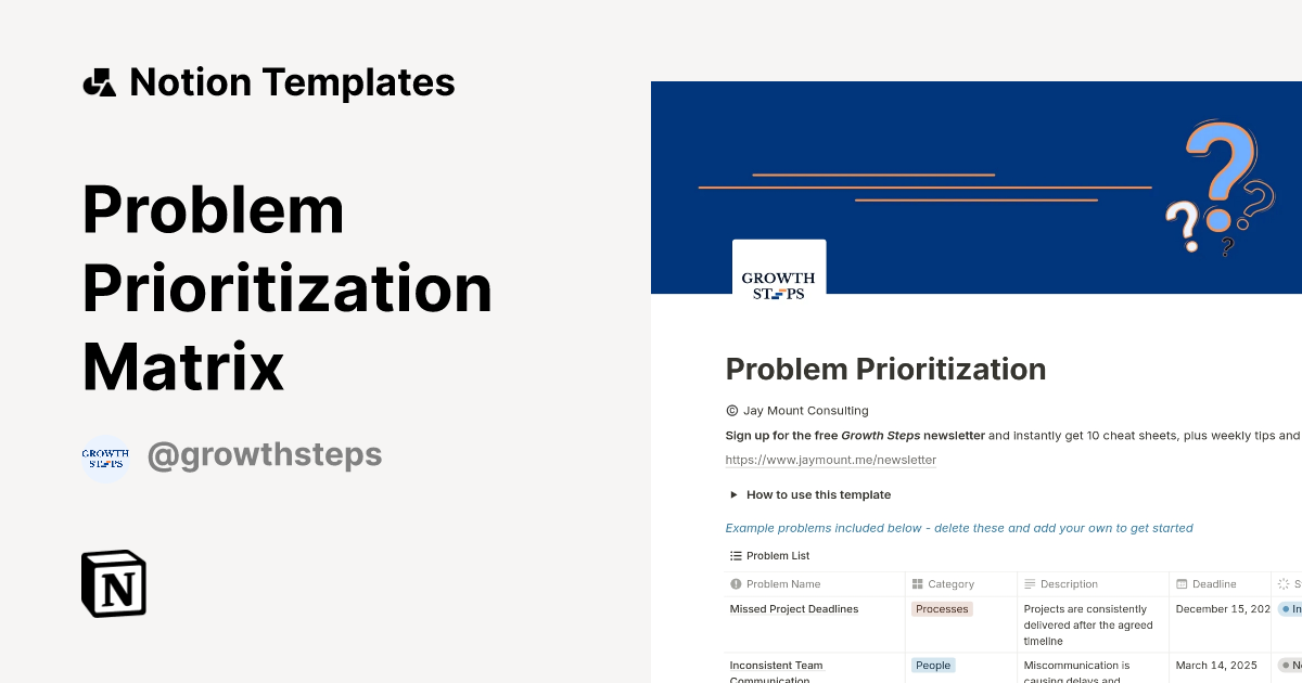 Problem Prioritization Matrix Template By Growth Steps Notion Marketplace