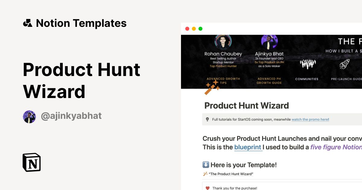 Product Hunt Wizard Template by Ajinkya Bhat | Startup Notion | Notion ...